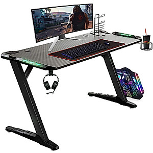 CO-Z 55 Inch Gaming Desk, Z Shaped Gaming Table with 6-Color RGB Lighting, Large Mouse Pad, Controller Stand, Cup Holder & Headphone Hook, Writing Desk Computer Desk for Home Office and More, Black