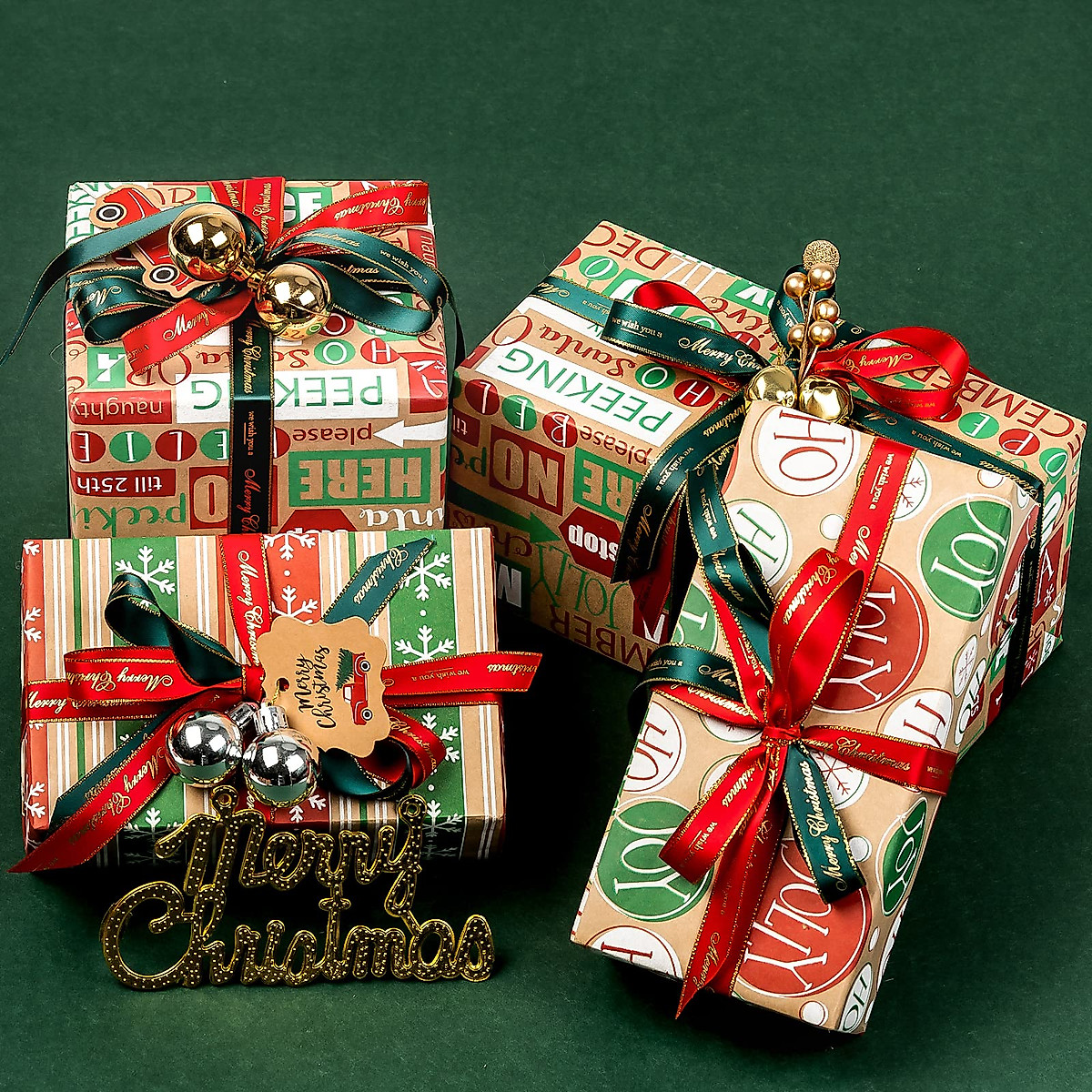 RUSPEPA Christmas Wrapping Paper, Kraft Paper - Snowflakes, Red and Green Stripe and Christmas Greetings - 4 Rolls - 30 inches x 10 feet per Roll