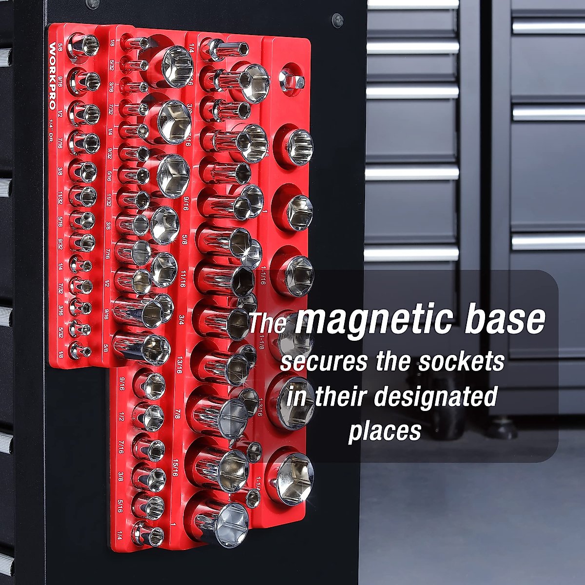WORKPRO Magnetic Socket Organizer Set, 3-Piece Socket Holder Set Includes 1/4", 3/8" and 1/2" Drive SAE Socket Trays, Holds 68 Pieces Standard Size and Deep Size Sockets(Socket not Included)