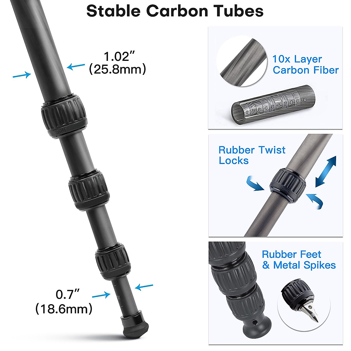 SIRUI AM-254 Carbon Fiber Camera Tripod, 47" Lightweight Compact Travel Tripod, 4-Section Legs, Twist Locks, Steel Spikes, Loads up to 26.5lbs/12kg