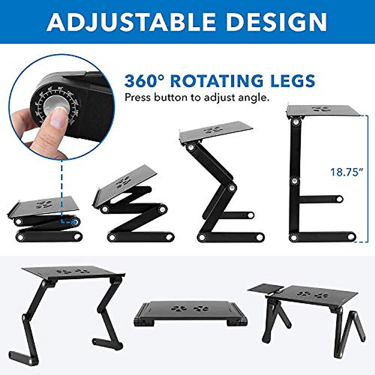 Mount-It! Adjustable Laptop Stand with Built-in Cooling Fans and Mouse Pad Tray, Easy to Use Ergonomic Laptop Stand for Bed, Couch, and Table, Portable and Lightweight