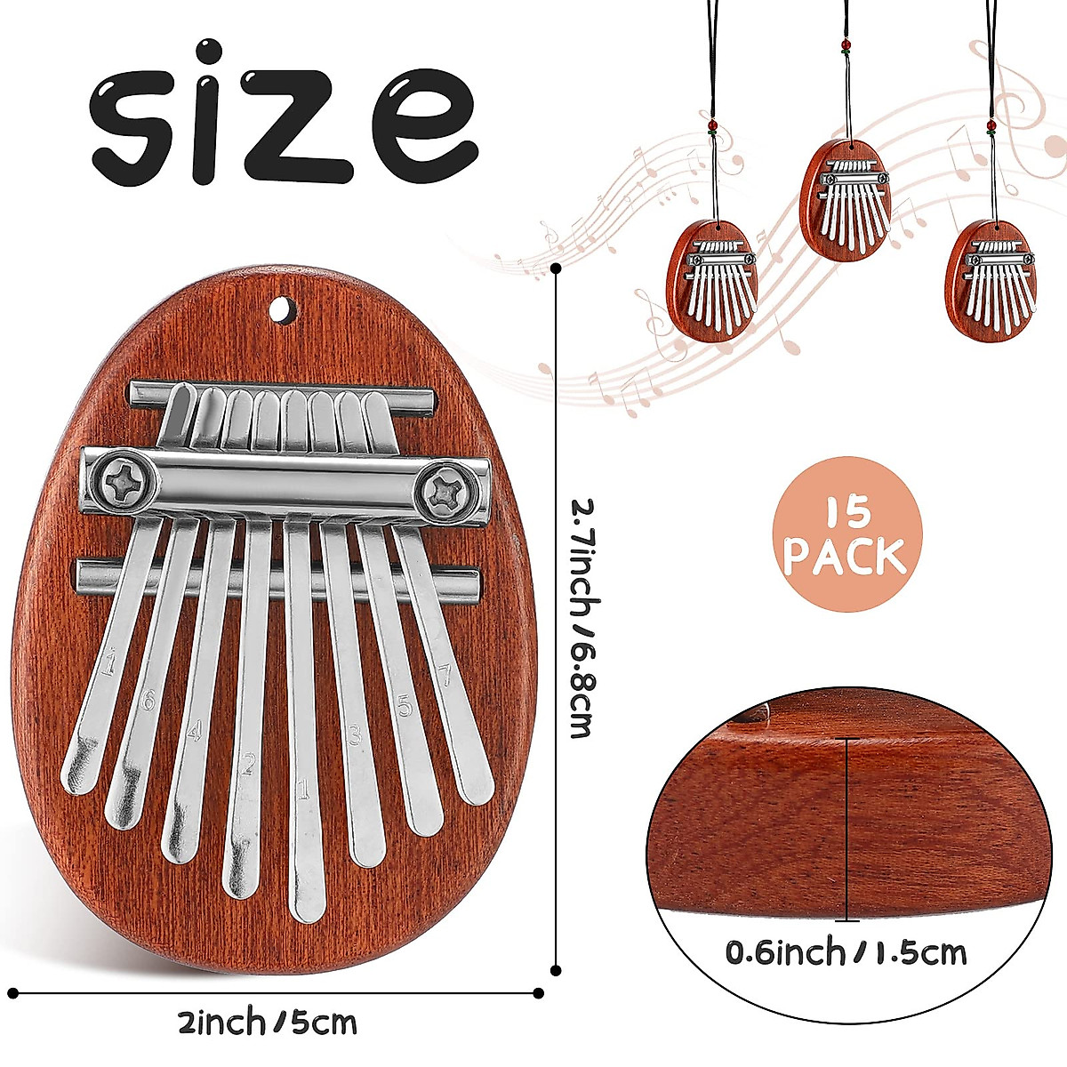 15 Pcs 8 Key Mini Kalimba Portable Thumb Piano Tiny Wood Finger Piano Oval Shape Marimba Instrument Small Pocket Musical Gifts for Kids Adults Beginners, Ropes and Chains Thanksgiving Christmas Gift