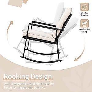 JAMFLY 3-Piece Patio Rocking Bistro Set, Outdoor Wicker Furniture Balcony Porch Chairs Conversation Sets with Glass Coffee Table (Beige)