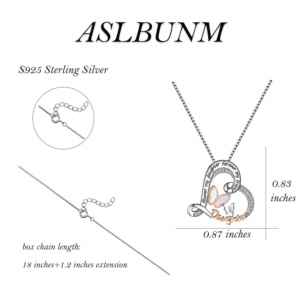 ASLBUNM Daughter Necklace 925 Sterling Silver Butterfly Jewelry Always My Daughter Forever My Friend Love Heart Pendant Necklaces Birthday Gifts for Daughter