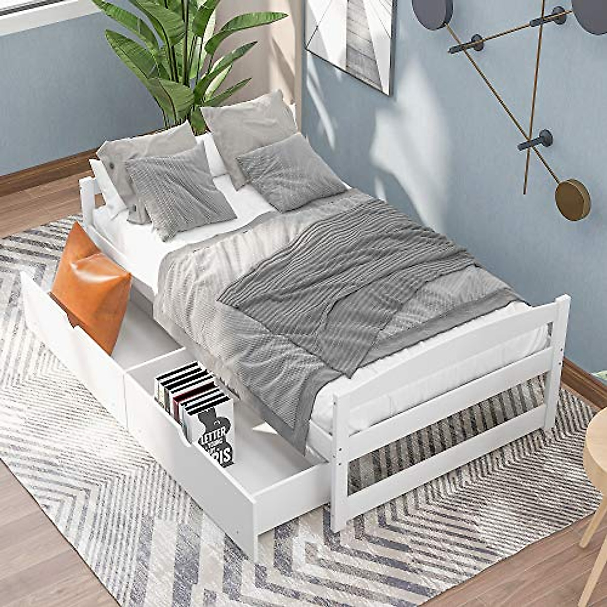 POCIYIHOME Wooden Daybed with Two Drawers, Twin Size Platform Bed with Clean Lines, Modern Daybed with Slats Support, Suitable for Bedroom,Living Room and Office, No Box Spring Needed, White