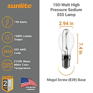 Sunlite 03635-SU LU150/MOG 150 Watt High Pressure Sodium Light Bulb, Mogul Base (E39), ANSI Code S55, 16000 Lumen, 20000 Life Hours, Clear, 2100K