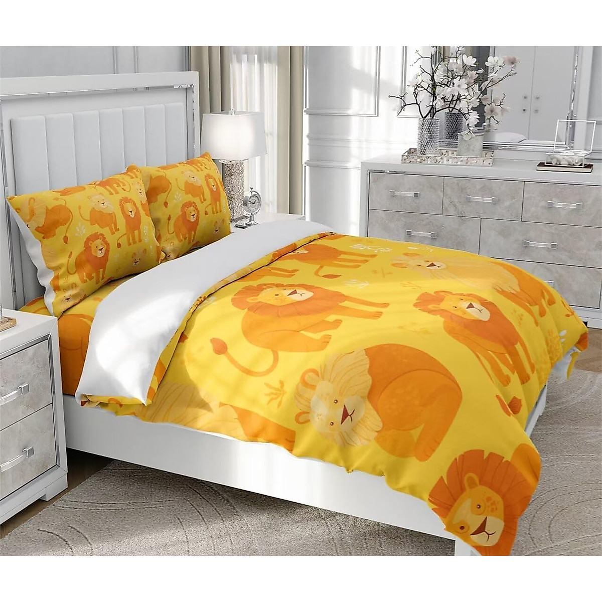 Moinlizy 3D Cartoon Lion Printed Duvet Cover Twin Size 3D Yellow Cute Lion Bedding Sets Bedclothes Room Decor Wild Animal Theme No Comforter