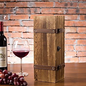 MyGift Vintage Brown Wood Single Wine Bottle Holder Gift Box with Leatherette Buckle Straps and Locking Latch