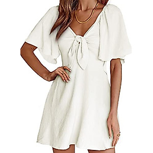 Dokotoo Summer Dresses for Women 2023 Casual Wedding Guest Spring Sexy V-Neck Drawstring Cap Sleeve Elegant Short Beach Dresses Mini Dress White