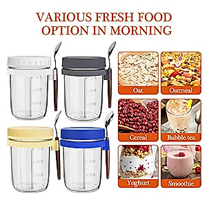 AeKahtay 4 Pack Overnight Oats Containers with Lids and Spoons, 16 oz Glass Mason Overnight Oats Jars, Cereal, Milk, Yogurt Meal Prep, Oatmeal Jars with Lids Ideal for Home, Office Grab and Go