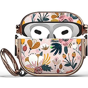 Maxjoy for AirPod 3rd Generation Case with Lock, Flower AirPod 3 Case Hard Protective iPod 3rd Gen Cover for Women Men with Keychain Lock Clip Compatible AirPods 3rd Generation 2021, Floral