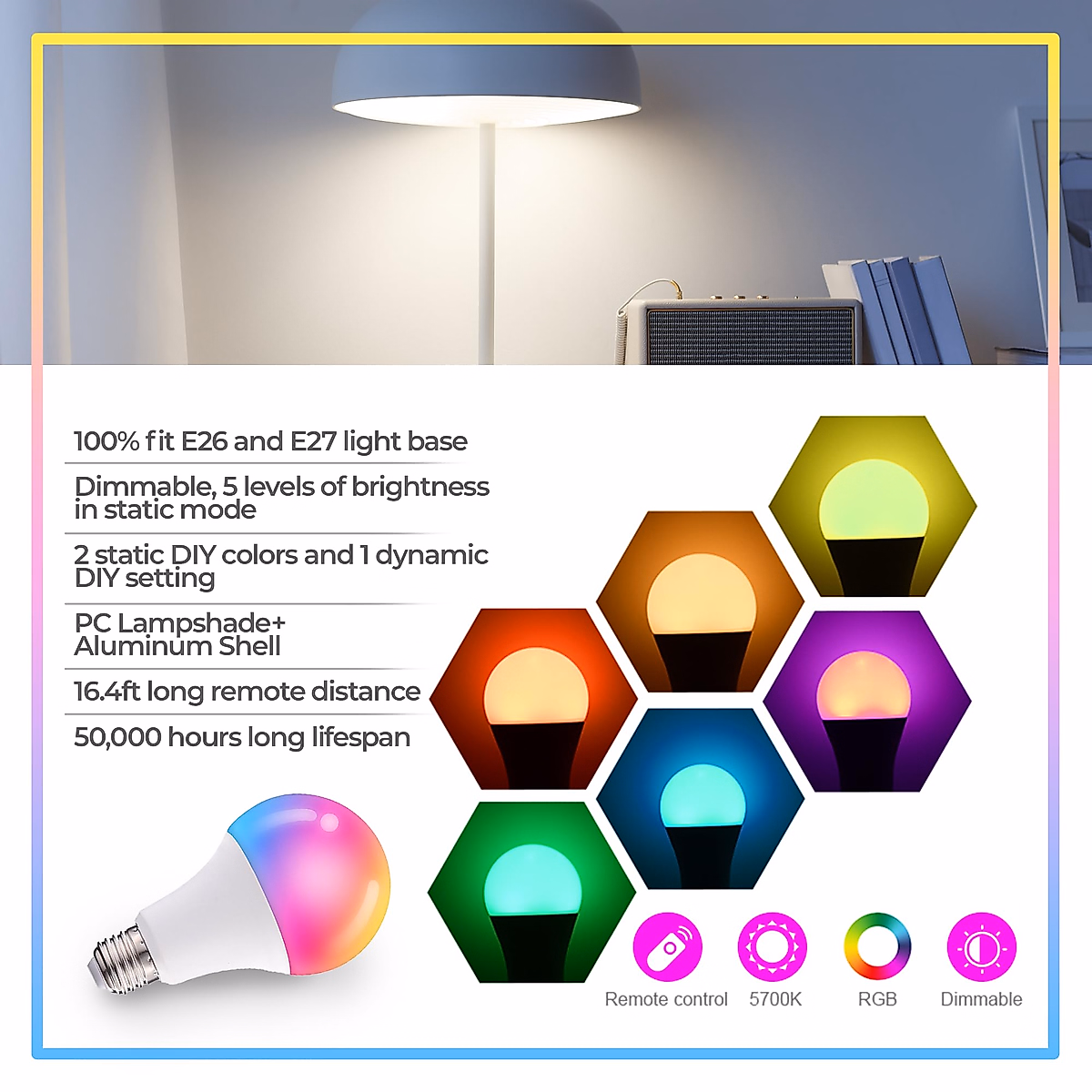 Droiee Dimmable E26 Warm LED Light Bulb, 6W RGBW Color 500LM with 16 Color Changing Modes for Christmas, Party etc with Remote Control 2 Pack