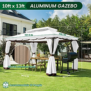 MEWAY Patio Gazebo 10x13 Gazebo with Mosquito Netting Aluminum Outdoor Gazebo Canopy with Curtains for Backyard Lawn Garden Deck, White Brown