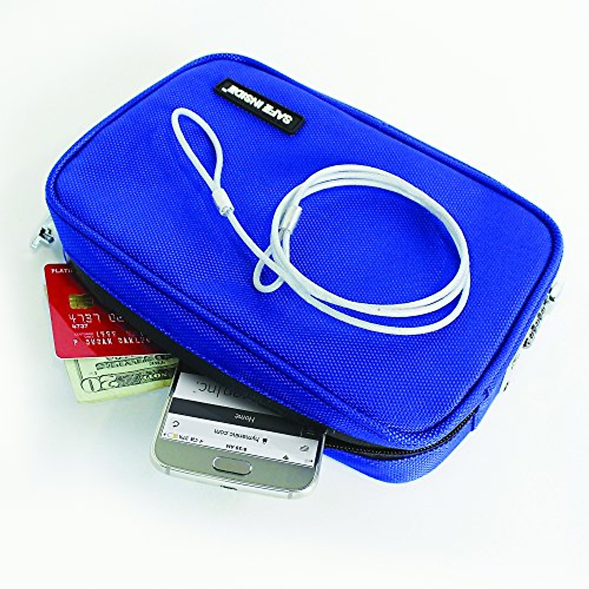 Safe Inside, Locking Privacy Pouch with Steel Tether Cable, Medium, Blue