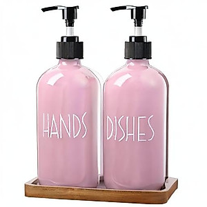 ALELION Dish Soap Dispenser for Kitchen - 16 OZ Glass Hand Soap Dispenser Set with Acacia Wood Tray - Pink Kitchen Bathroom Decor and Accessories