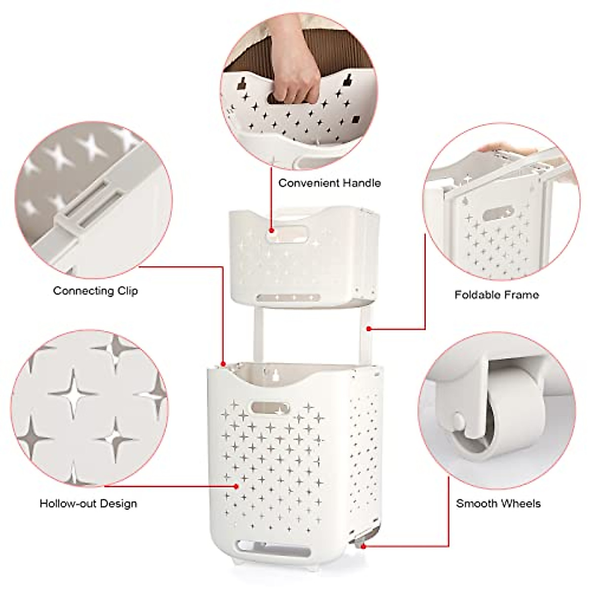 BTSKY Plastic Collapsible Laundry Baskets Wall Hanging Dirty Clothes Hamper with Hidden Pull-rod Multifunctional Plastic Laundry Baskets for Laundry Room Organization Bathroom Hotel and Camping, White