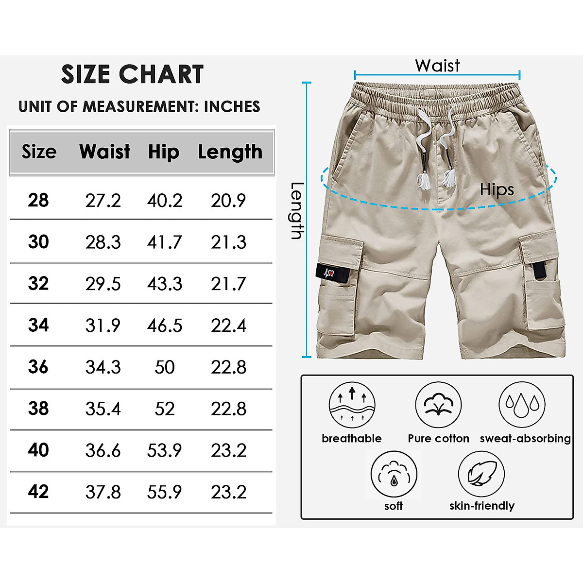 XinYangNi Men's Cargo Shorts Elastic Waist Drawstring Cotton Loose Fit Casual Lightweight Outdoor Multi Pocket Twill Pants Beige Size: 34