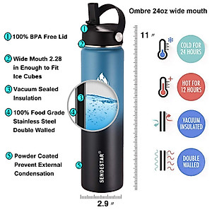 SENDESTAR Water Bottle 24oz Double Wall Vacuum Insulated Leak Proof Stainless Steel Sports Water Bottle—Wide Mouth with New Flex Straw Lid & Spout Lid (Deep Blue&Black)