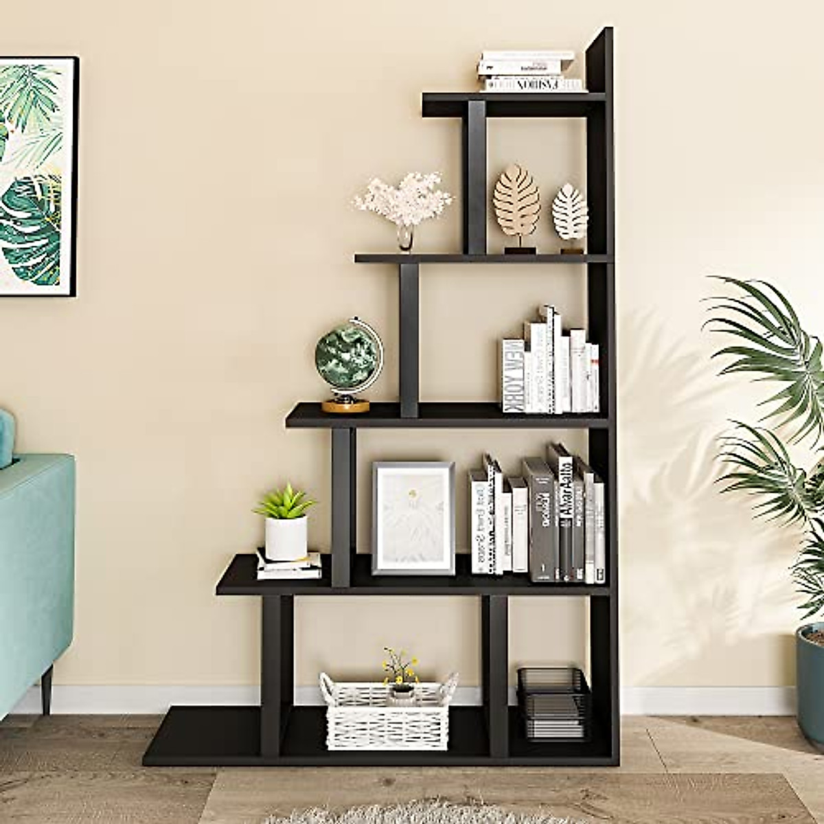 YITAHOME 5-Shelf Bookshelf, L-Shape Freestanding Ladder Corner Bookcase, Modern Minimalist Style Multipurpose Storage Display Rack for Living Room Bedroom Hallway Office, Black