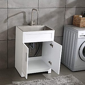 Homecart 24" White Laundry Utility Cabinet w/Stainless Steel Sink and Faucet Combo