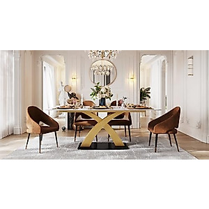 HERNEST 62 Inch Marble Dining Table for 6-8, Modern Heavy Duty Dining Room Table with White Sintered Stone Tabletop Gold X-Bracket and Carbon Steel Pedestal, Rectangular Kitchen Table for Living Room