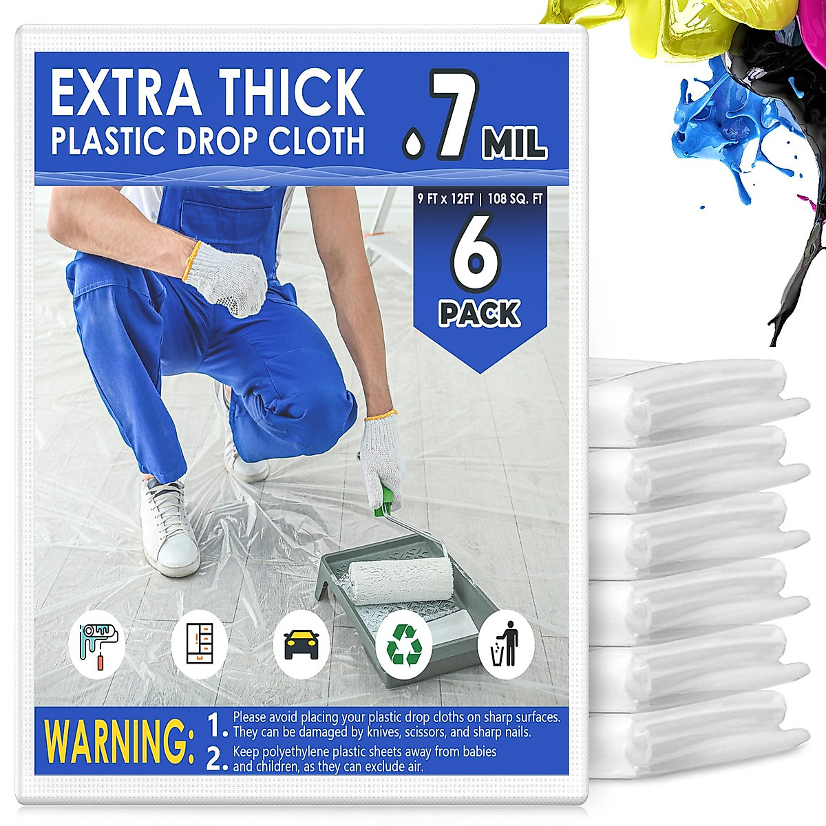 K212M 6Pcs 9x12 Ft Plastic Drop Cloths, 0.7Mil Thick, Waterproof & Dust-Proof Tarp for Painting, Disposable Sheeting for Furniture, Floor, and Couch Protection - Durable Painter’s Cover