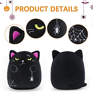cheerdecor Black Cat Plush - 9" Halloween Cat Stuffed Animals Cool Cat Plush Pillow Soft Cat Plushie with Spider Toy Black Cat Plushies Gift Kids Creepy Cute Spider Black Cat Plush Pillow - Ebon