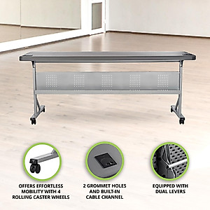 National Public Seating 24 x 72 Inch Flip N Store Blow-Molded Plastic Flipper Training Table with 4 Caster Wheels and 2 Grommet Holes, Charcoal Slate