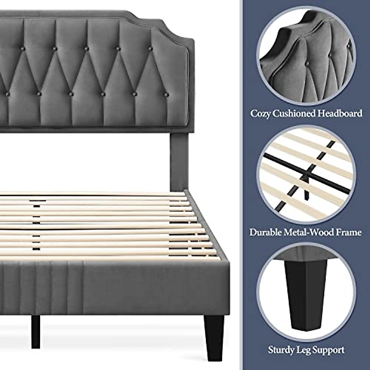 Yaheetech Full Bed Frame Velvet Upholstered Platform Bed with Curved Headboard, Height-Adjustable Headboard/Noise-Free/Wooden Slats Support/No Box Spring Needed/Easy Assembly, Dark Gray Full Bed