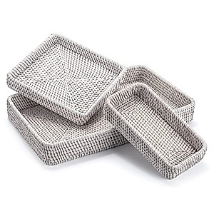 Rattan Serving Tray, Rectangular Woven Tray, Natural Wicker Decorative Serving Baskets for Organizing Tabletop Bathroom Kitchen Counter (White)