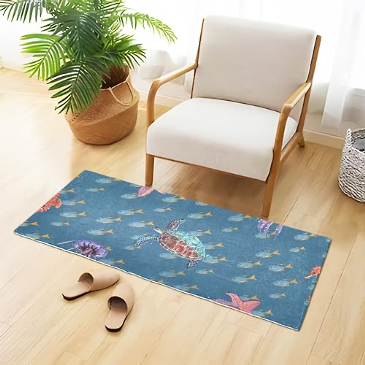 Fluffy Floor Carpet-Turtle Jellyfish Seahorsefish Starfish,39x20in Front Door Mat Indoor Machine Washable Carpet,Aesthetic Rug