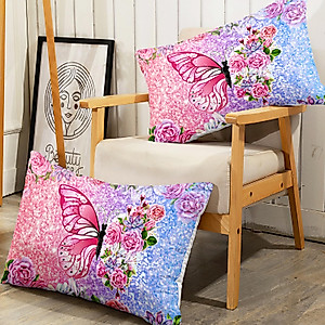 AILONEN Beautiful Butterfly Fitted Sheet Full Size, Sparkling Blue Pink Butterfly with Floral Bedding Set for Girls Women,Starry Theme Bed Sheet Set,3 Pieces,1 Fitted Sheet and 2 Pillowcases