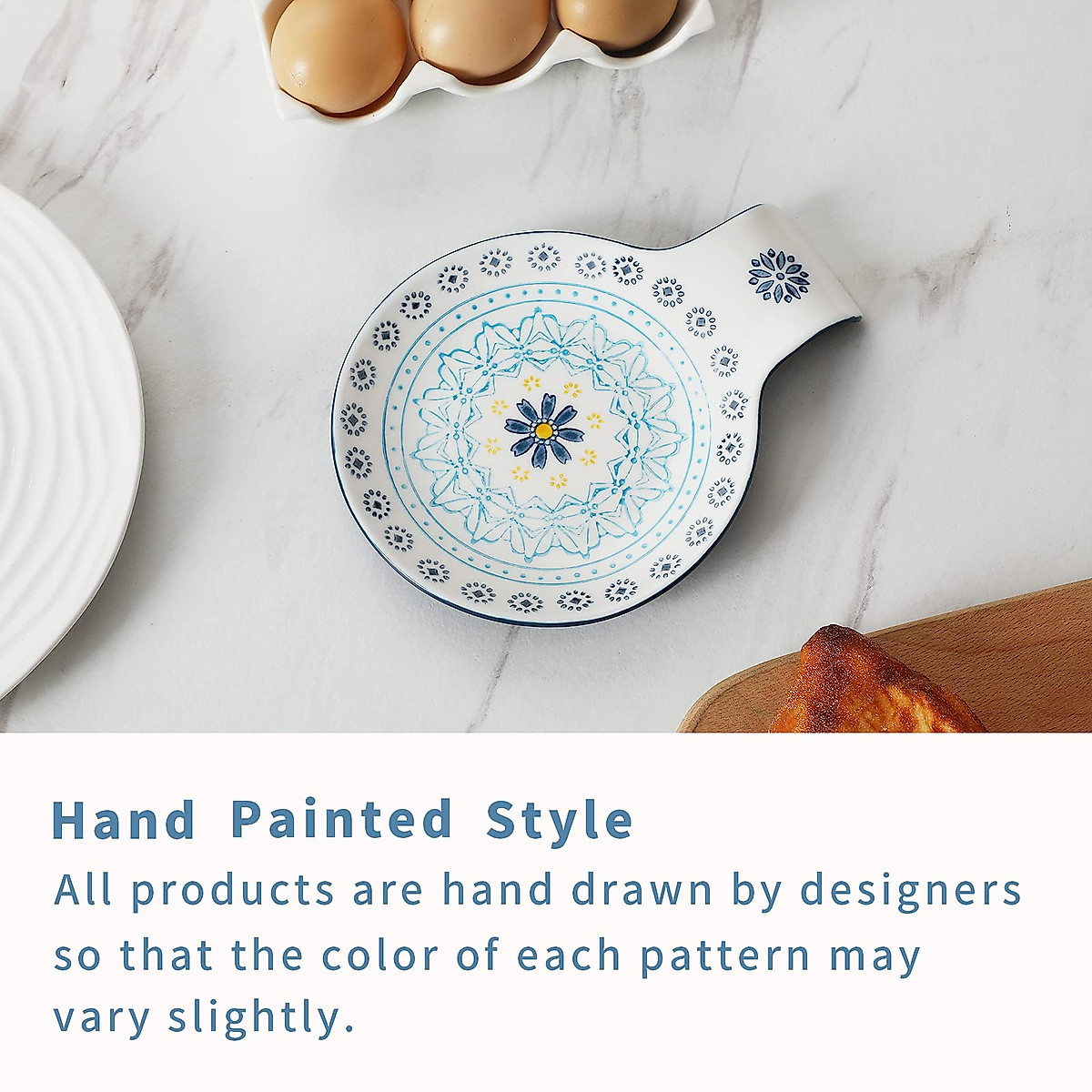 Magclay Hand Painted Spoon Rest, 5.5" Ceramic Spoon Holder for Stove Top and Kitchen Counter, Blue Pattern Utensil Rest, Great Cooking Gifts for Friends, Modern Kitchen Decorative