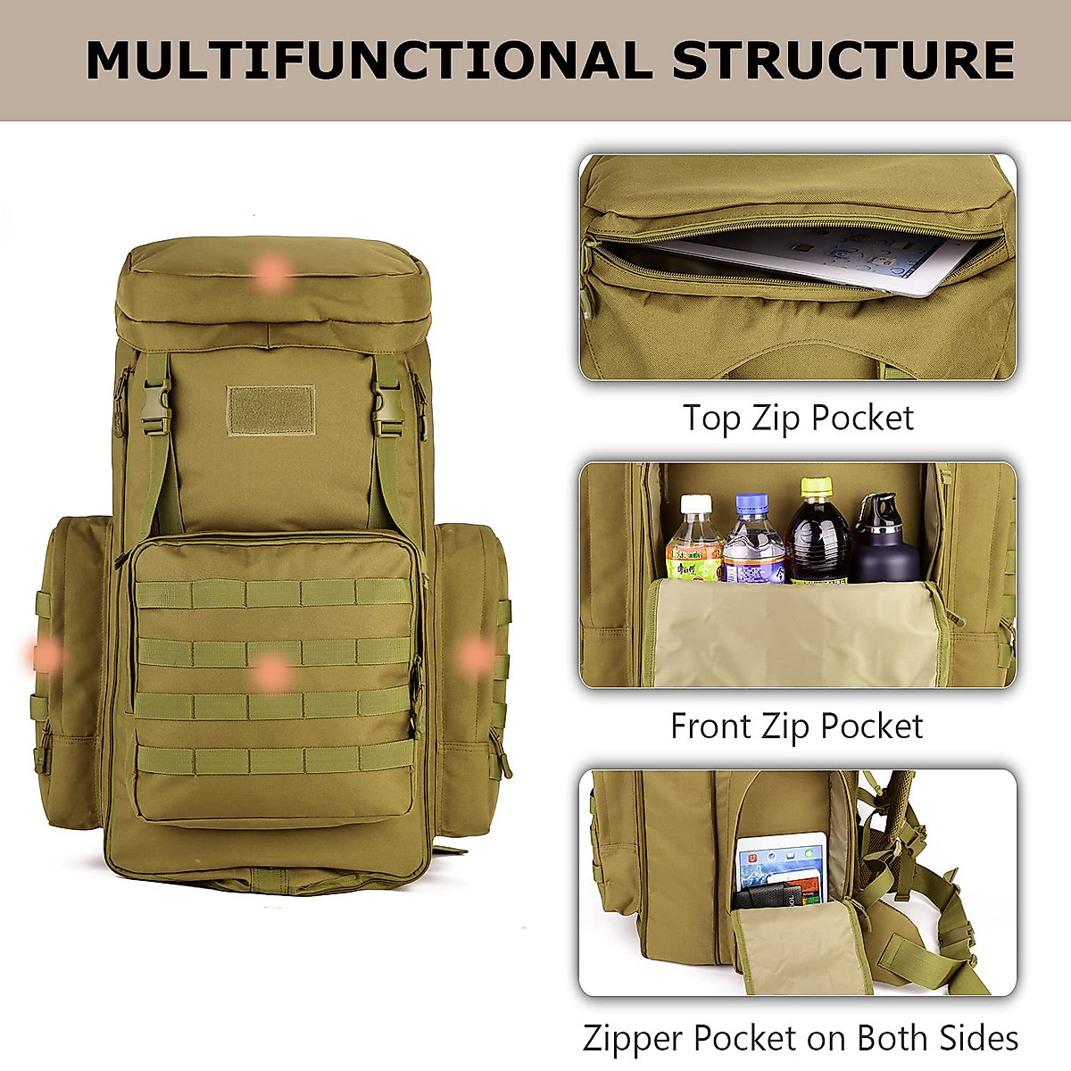 SunForMorning Large Tactical Hiking Daypack 70-85L Military MOLLE Assault Backpack Army Traveling Camping Pack Bug Out Bag Outdoor Rucksack (Rain Cover & 2 Patch Included), Brown