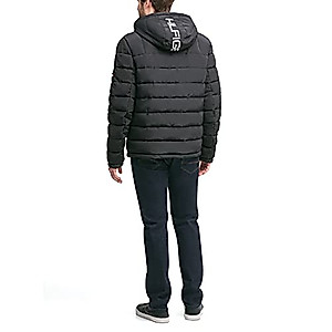 Tommy Hilfiger Men's Midweight Sherpa Lined Hooded Water Resistant Puffer Jacket, Black Tech, Small