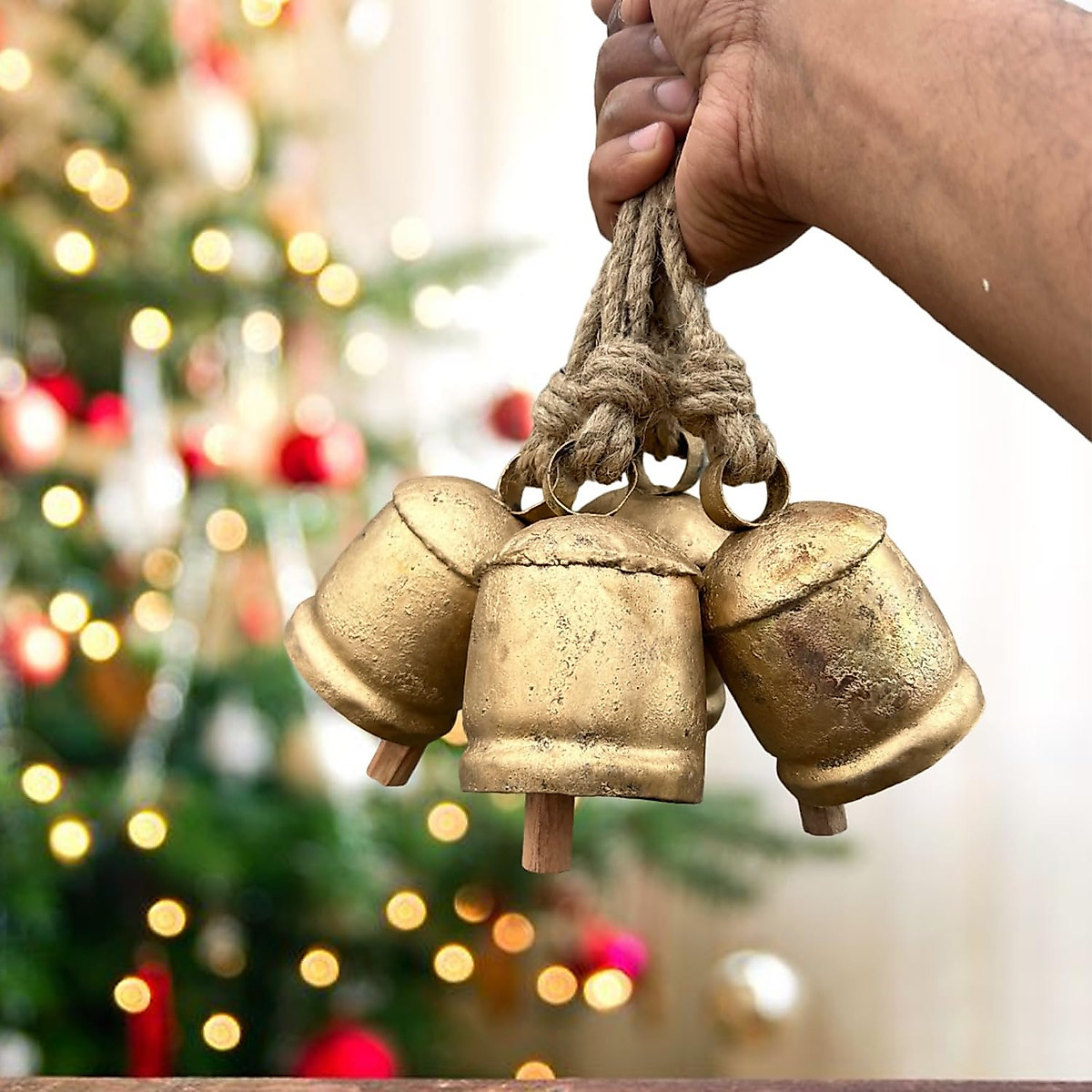 4 inch Giant Harmony Cow Bells Huge Vintage Handmade Rustic Lucky Christmas Hanging jingle bells (Country Rustic, Large) Set of 4 Handmade Bells with Jute Rope