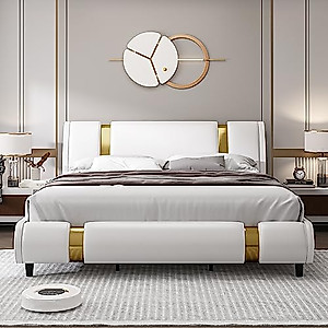 TTVIEW Modern Faux Leather Upholstered Platform Bed Frame with Golden Iron Metal Decor, Adjustable Curved Headboard, Wooden Slats Support, No Box Spring Needed, Queen Size, White