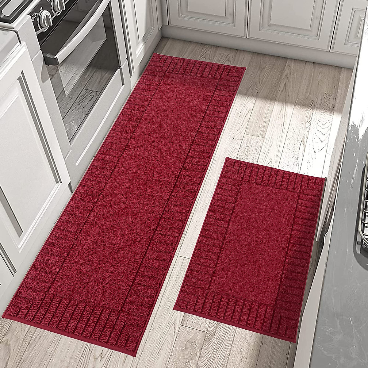 BEQHAUSE-Non-Slip-Kitchen-Mats-for-Floor [2PCS],Kitchen Mats,Machine Washable Burgundy Red Kitchen Rugs,Polypropylene Kitchen Floor Mat with TPR Backing 24x35inch/24x60inch