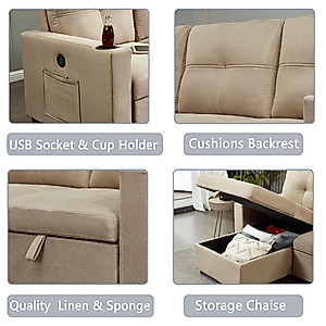 INSTORY Mid-Century Modern Linen Sofa Pull Out Sofa Bed L-Shaped Sectional Sofa Convertible Sleeper Sofabed with Storage Chaise & USB & Cup Holder for Living Room - Light Brown