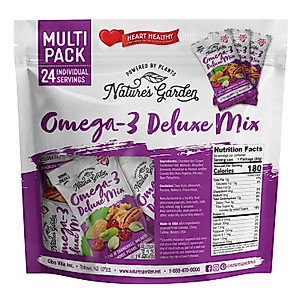 Nature's Garden Omega 3 Deluxe Mix - Trail Mix Nuts, Heart Healthy, Gluten Free, Cholesterol Free, Sodium Free, No Artificial Ingredients - 1.2 oz Bags (24 Individual Servings)