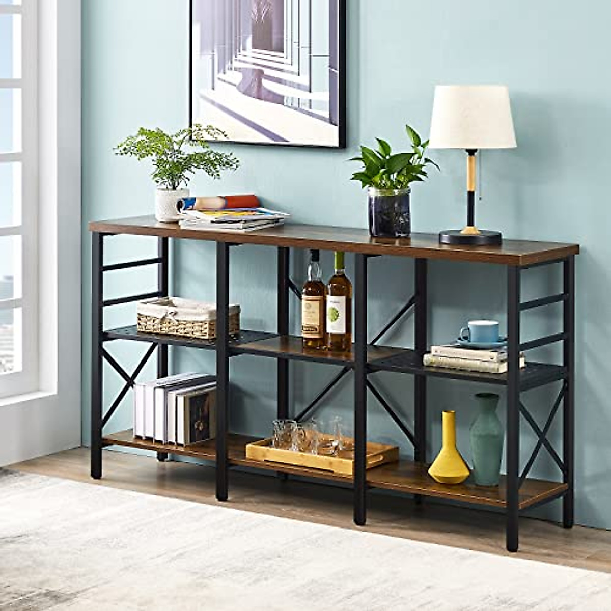 HOMISSUE 3-Tier Console Sofa Table, Industrial Vintage 60-Inch Long Entryway Table with Open Storage Shelf for Living Room, Hallway, Brown