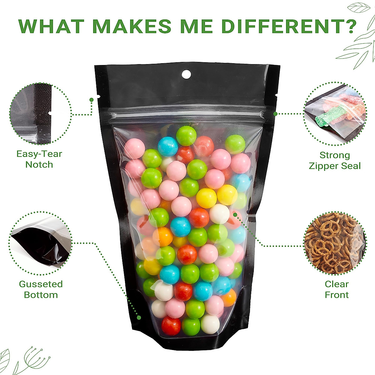 100 Pack 5"x8" Mylar Clear/Black Nylon Resealable Stand Up Bags Heat Seal Zipper Lock Reusable Storage Pouches for Zip Food Storage Lock Packaging with Tear Notches