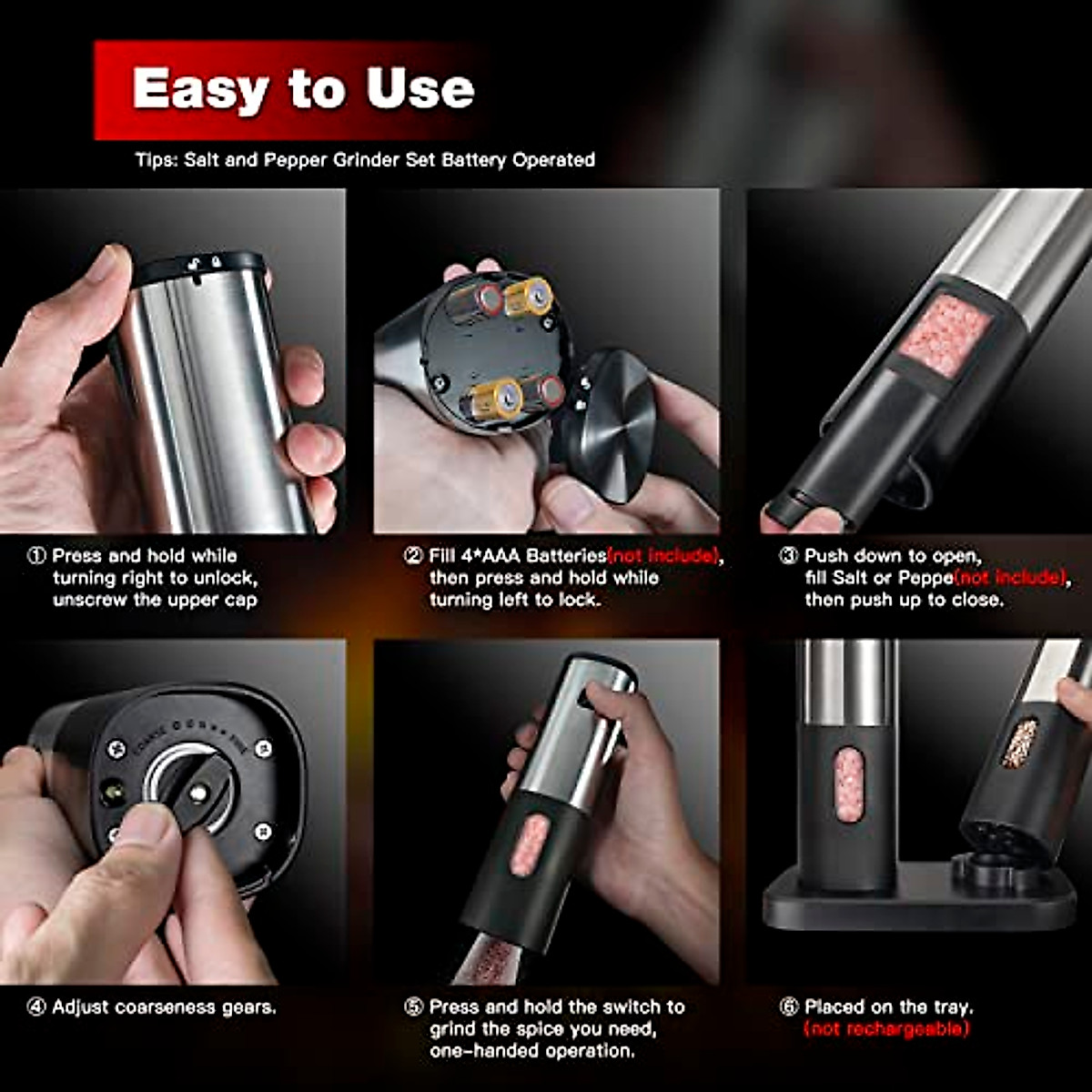 Battery Operated Salt and Pepper Grinder Set, Electric Salt Grinder with Storage Base, One Hand Automatic Operation, Stainless Steel Black 2 Pack