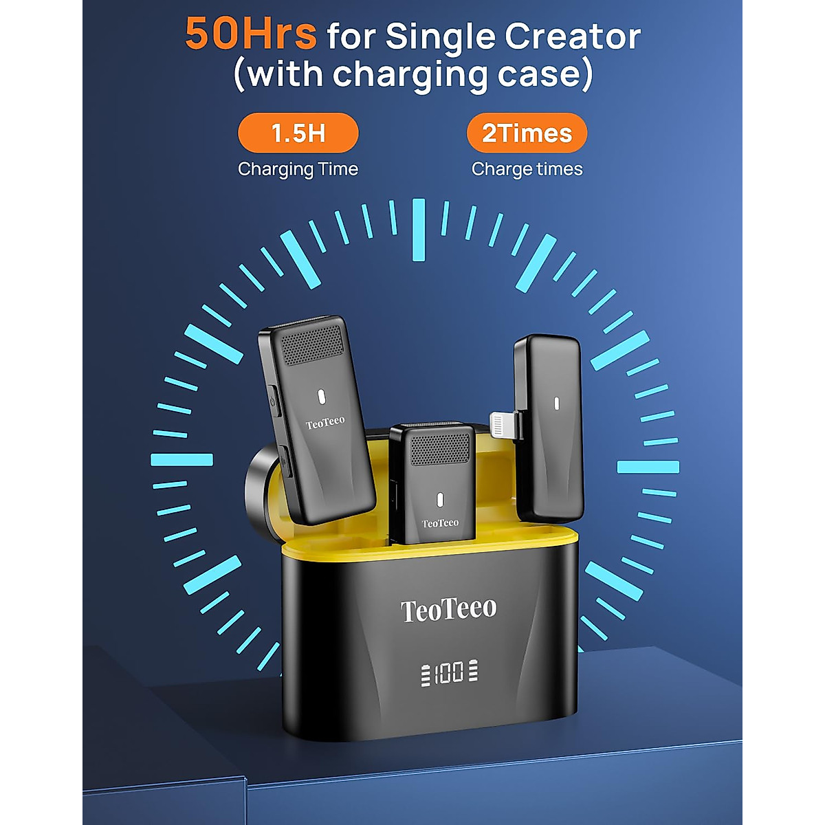 TeoTeeo 2pcs Wireless Lavalier Microphone for iPhone iPad with Charging Case, Wireless Lavalier Microphone for Single Person Continuous Recording 50H, 3 Modes Noise Canceling Mini Microphone, 120ft