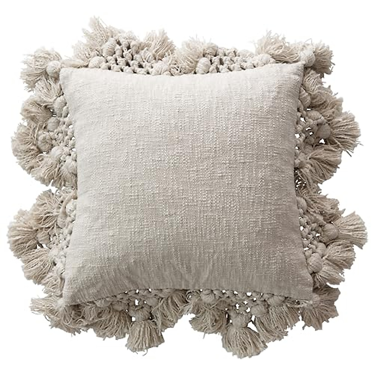 Creative Co-Op Cotton Slub Pillow with Crochet and Tassels, 1 Count (Pack of 1), Cream