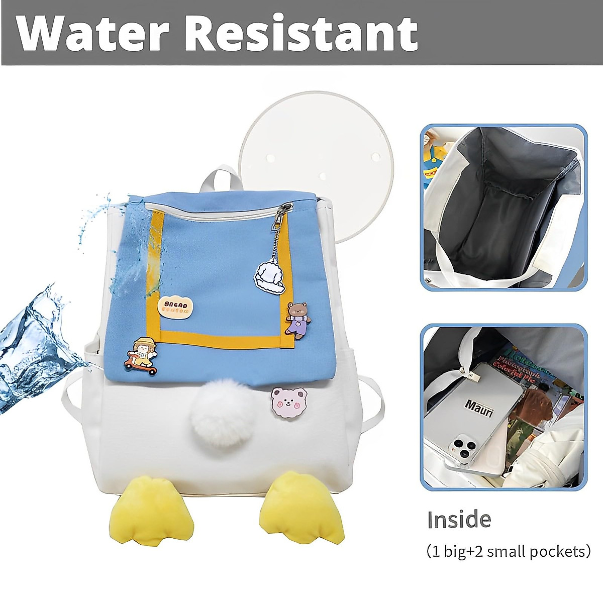 ooibnn Kawaii Backpack With Cute Accessory WithAnti-thief Pocket Pins Blue And Yellow Cute Duck Lightweight Laptop Bag