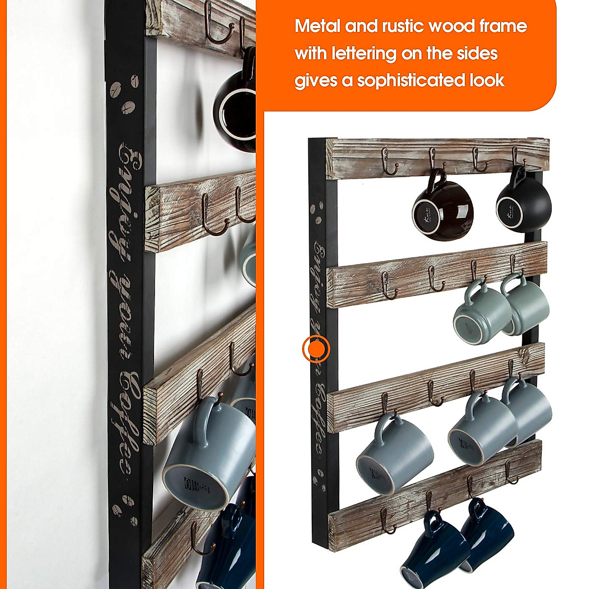J JACKCUBE DESIGN Coffee Mug Holder Wall Mounted Rustic Wood Cup Organizer with 16-Hooks Hanging Rack for Home, Kitchen Display Storage and Collection : MK519A