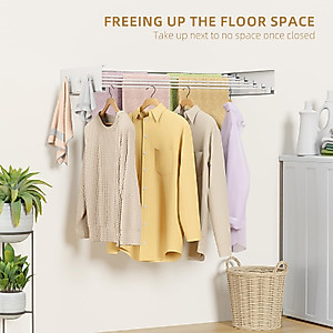 ZMBESUP 【Upgrade】 Laundry Drying Rack, 40" Drying Rack Clothing Wall Mounted,Foldable, 5 Aluminum Rods with 6 Hooks, Space-Saving White Collapsible Drying Racks Hanger for Laundry Bathroom