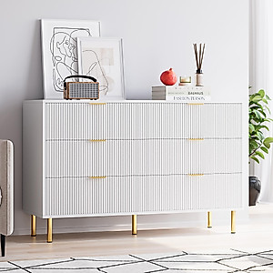IDEALHOUSE White 6 Drawer Dresser for Bedroom, 56” Wide Wood Dresser Organizer with Metal Legs, Modern Chest of Drawers for Bedroom, Hallway, Home Office
