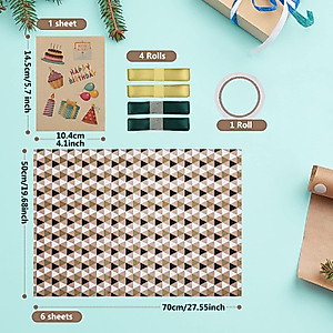 Hianjoo 6 Sheets Gift Wrapping Paper, 20x28 inch Recyclable Kraft Gift Wrapping Paper and 1 Sticker and 4 Ribbon for Birthday, Valentines, Christmas, Graduation, Baby Shower, Easter, DIY Craft